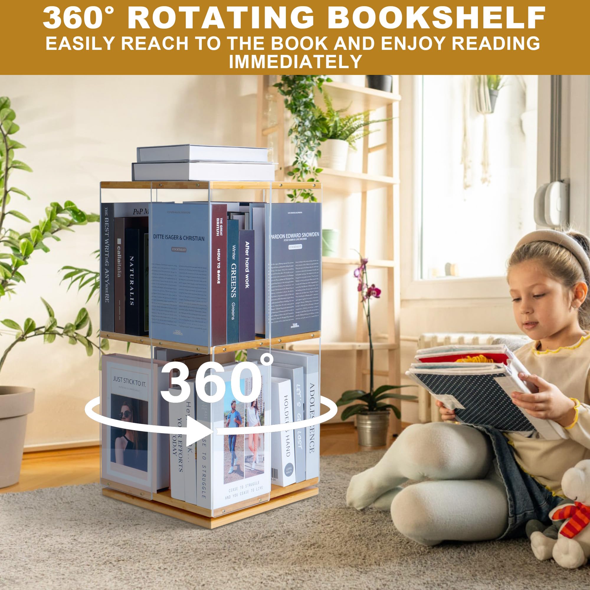 Qriocioa Rotating Bookshelf, 360° Display Spinning Bookshelf, Corner Bookcases with Clear Acrylic & Solid Wood, 2-Tier Floor Standing Bookcase Narrow Shelf Book Organizer Storage Rack for Bedroom