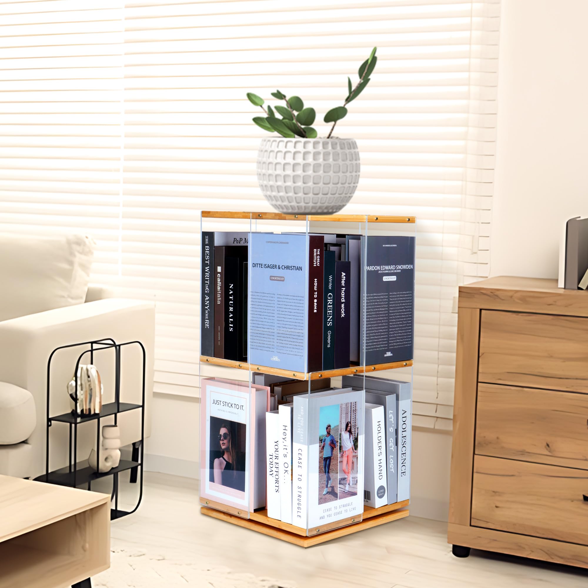 Qriocioa Rotating Bookshelf, 360° Display Spinning Bookshelf, Corner Bookcases with Clear Acrylic & Solid Wood, 2-Tier Floor Standing Bookcase Narrow Shelf Book Organizer Storage Rack for Bedroom