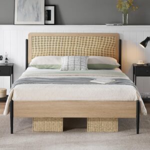 queen size bed frame with rattan headboard, rattan queen bed frame platform with rounded corner headboard, queen bed frame under bed storage headboard, no box spring needed, white oak (queen)