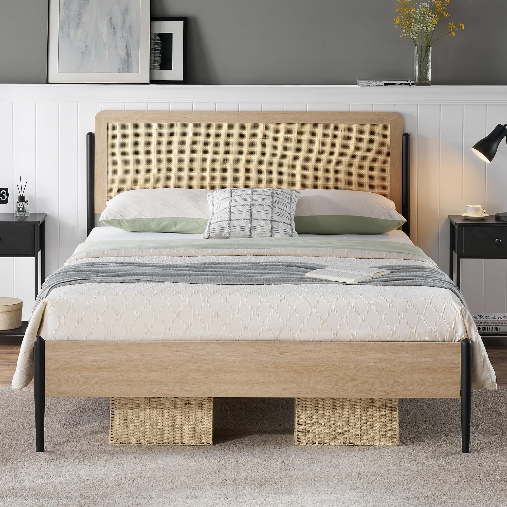 Queen Size Bed Frame with Rattan Headboard, Rattan Queen Bed Frame Platform with Rounded Corner Headboard, Queen Bed Frame Under Bed Storage Headboard, No Box Spring Needed, White Oak (Queen)