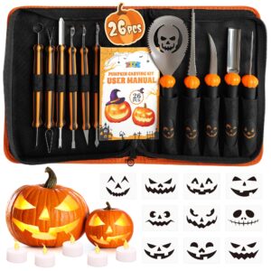 ZIZZ Pumpkin Carving Tools Halloween: 26 Pcs Professional Pumpkin Carving Kit Set for Adult Kid Stainless Steel Pumpkin Sculpting Tool with Stencil & LED Light for Halloween Decoration Jack-O-Lantern