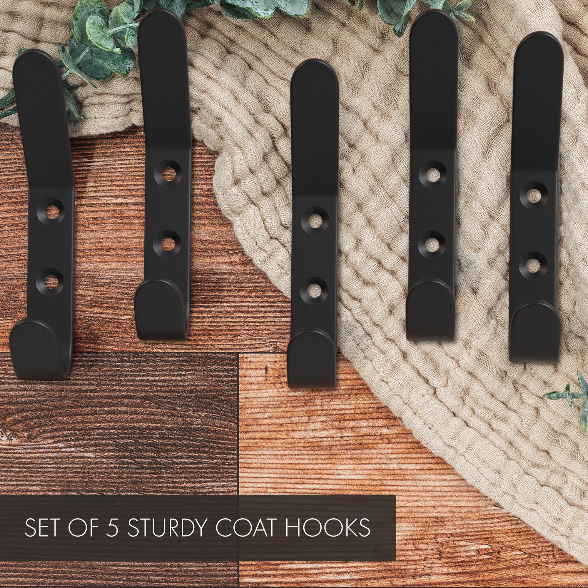 Stylish Coat Hooks For Wall Mount Set of 5 - Decorative and Sturdy Black Metal Double Hooks Are Perfect To Hang Your Jackets, Towels Or Hats - A Modern Addition To Any Minimal Home Decor & Farmhouse