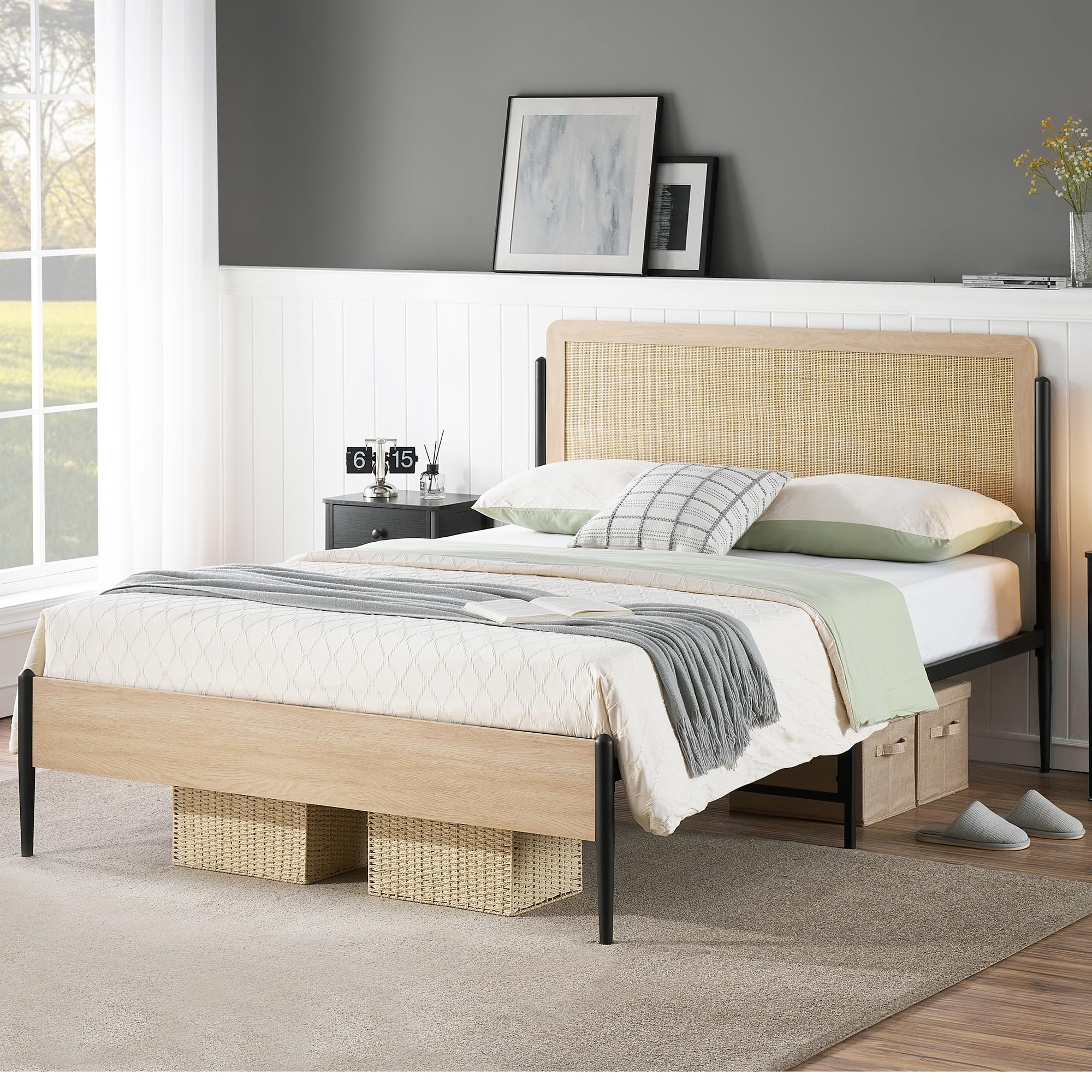 Queen Size Bed Frame with Rattan Headboard, Rattan Queen Bed Frame Platform with Rounded Corner Headboard, Queen Bed Frame Under Bed Storage Headboard, No Box Spring Needed, White Oak (Queen)