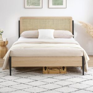 Queen Size Bed Frame with Rattan Headboard, Rattan Queen Bed Frame Platform with Rounded Corner Headboard, Queen Bed Frame Under Bed Storage Headboard, No Box Spring Needed, White Oak (Queen)