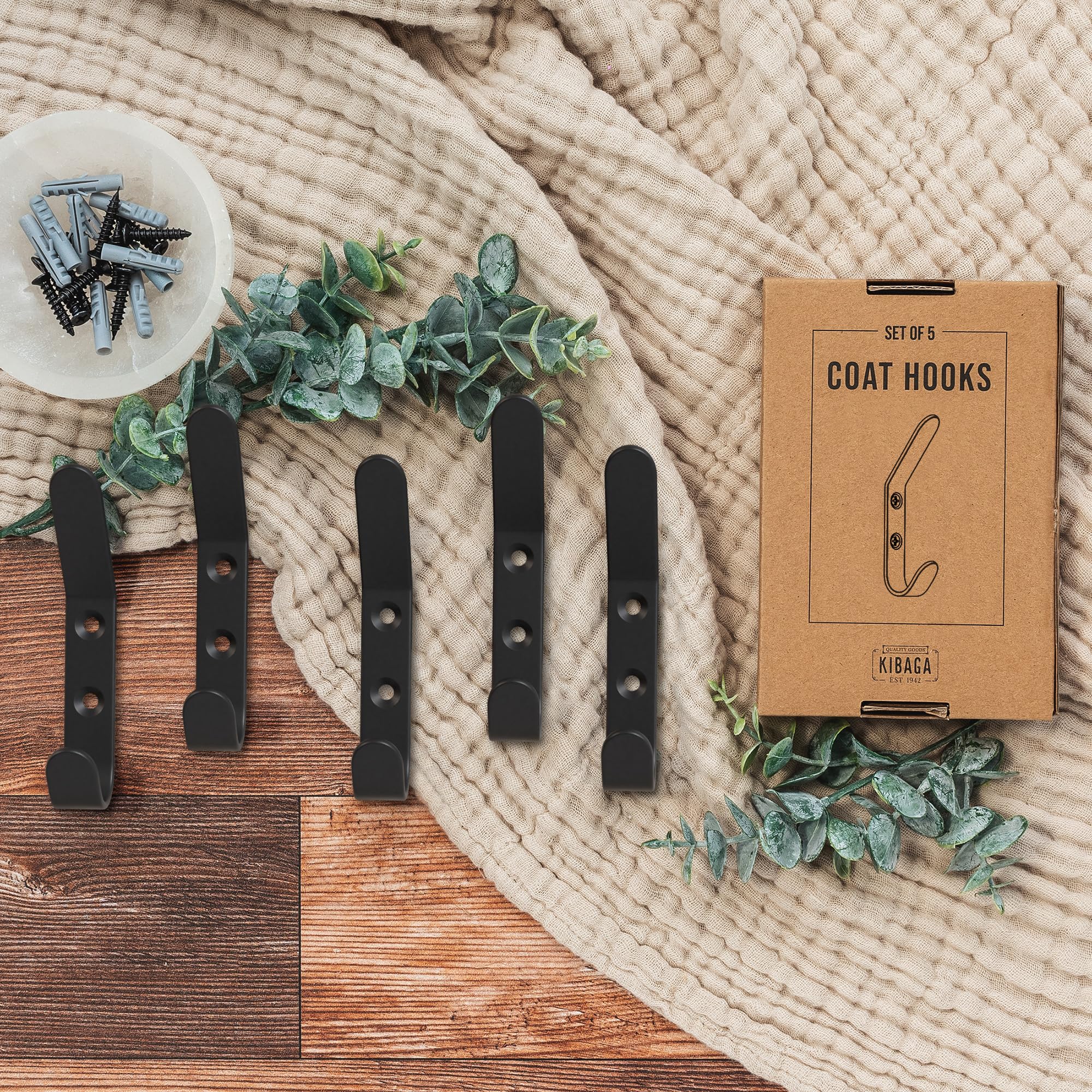 Stylish Coat Hooks For Wall Mount Set of 5 - Decorative and Sturdy Black Metal Double Hooks Are Perfect To Hang Your Jackets, Towels Or Hats - A Modern Addition To Any Minimal Home Decor & Farmhouse