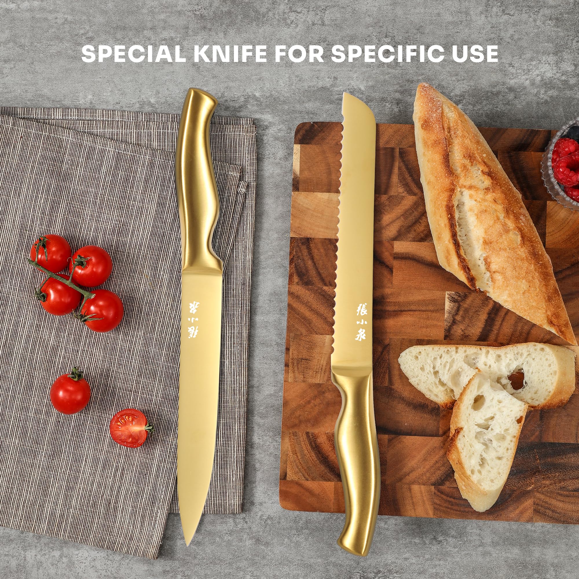 15Pcs Knife Sets with Block, 50Cr15MoV Stainless Steel kitchen knife set with Built-in Sharpener Dishwasher Safe(Golden)