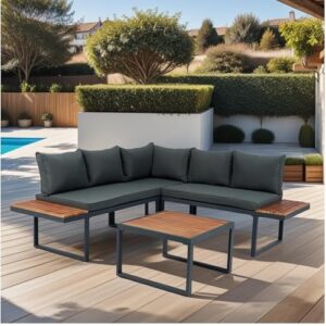 eovtk 4-piece outdoor wood conversation set, l-shaped sectional sofa with built-in side table and cushions, steel frame, all-weather patio furniture for backyard, porch, dark gray