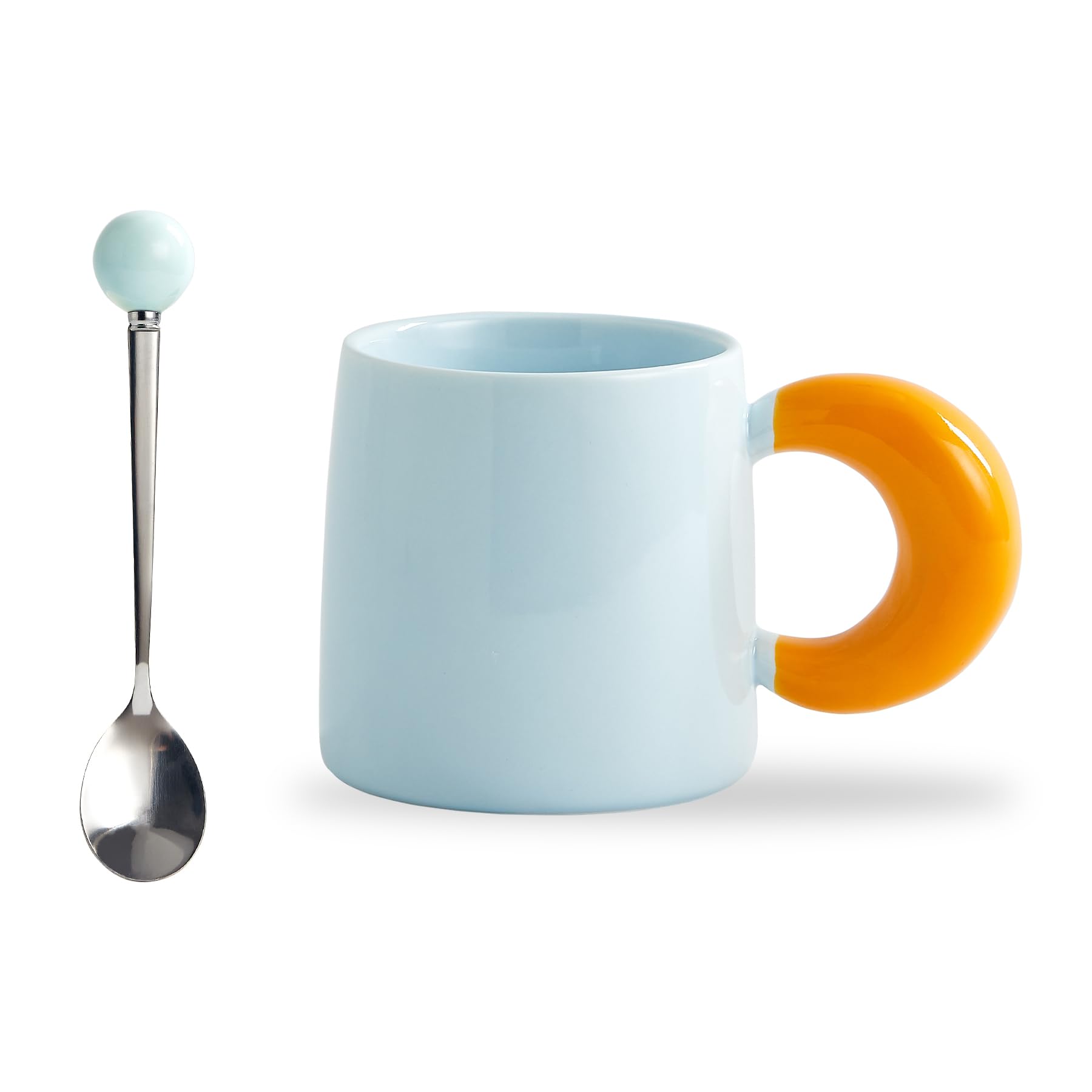 Cute Ceramic Coffee Cups with Spoon, Creative Moon Handle Ceramic Mugs, Novelty Coffee Mugs Cups for Latte Tea Milk,Office and Home,Dishwasher and Microwave Safe (Blue and Orange)