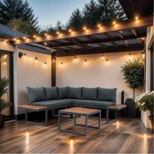 EOVTK 4-Piece Outdoor Wood Conversation Set, L-Shaped Sectional Sofa with Built-in Side Table and Cushions, Steel Frame, All-Weather Patio Furniture for Backyard, Porch, Dark Gray