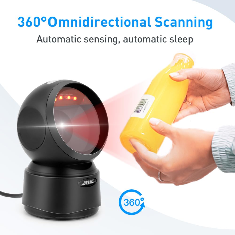 JRHC 1D 2D Desktop Barcode Scanner, Omnidirectional Automatic Sensing Platform Scanner, Hands-Free USB Wired Image Sensing QR Barcode Reader