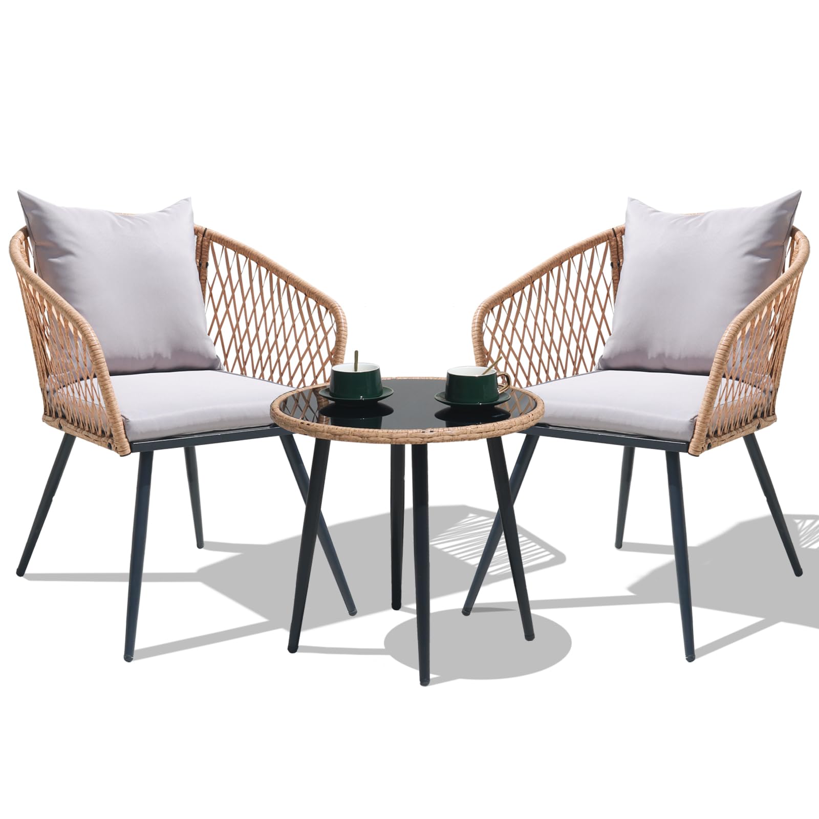 3 Piece Patio Furniture Bistro Set, Outdoor All-Weather Rattan Conversation Set for Garden Balcony Backyard Poolside (Yellow+Gray)