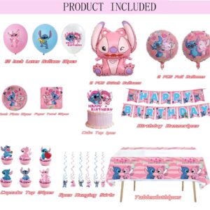 Pink lilo Birthday Party Supplies, Birthday Decorations Set Include Banner, Balloons, Cake Cupcake Toppers,Spiral Lifters,Plates,Napkins, Tablecloth for Girls and Boys Pink lilo Theme Party