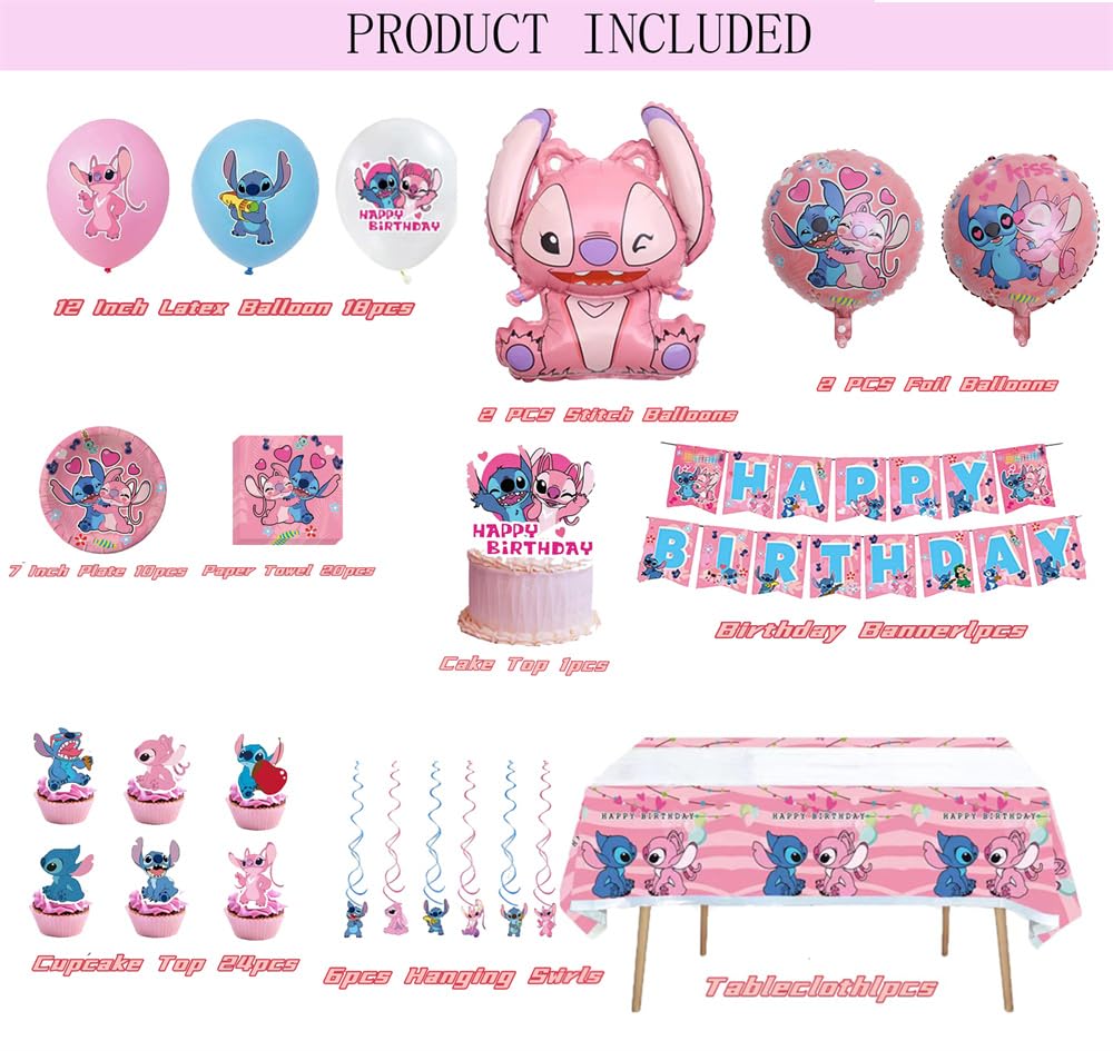 Pink lilo Birthday Party Supplies, Birthday Decorations Set Include Banner, Balloons, Cake Cupcake Toppers,Spiral Lifters,Plates,Napkins, Tablecloth for Girls and Boys Pink lilo Theme Party