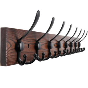 kuhome 32.2'' large coat rack wall mount coat hooks coat hanger with 8 metal black triple- hooks brown pine real wood plank hat rack for wall hooks for hanging coat hat jacket