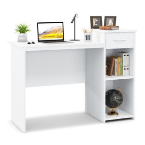 giantex computer desk with storage, modern pc laptop table with printer shelf, drawer, cpu stand & cable hole, compact study writing desk workstation for small spaces home office, white