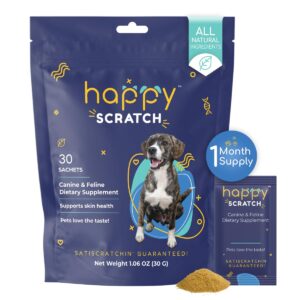 happy scratch dog allergy relief for itching and licking, itchy skin and chewing from seasonal allergies, flavor pets love, one month supply for all cat and dog breeds - 30 sachets