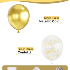 Adeyoo Metallic Gold Party Balloons,60pcs Gold Confetti Balloons Set,12 Inch Natural Latex Balloons Sparkle Balloons Metallic Balloons with Ribbon for Birthday Graduation Anniversary Party Decorations