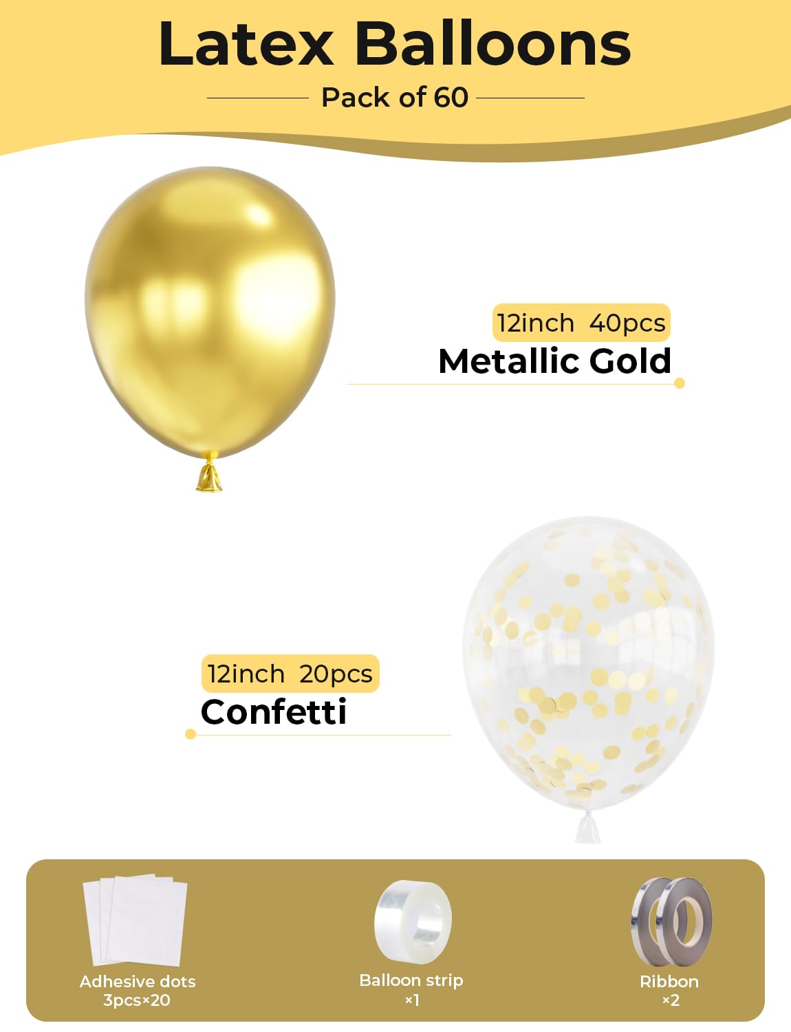 Adeyoo Metallic Gold Party Balloons,60pcs Gold Confetti Balloons Set,12 Inch Natural Latex Balloons Sparkle Balloons Metallic Balloons with Ribbon for Birthday Graduation Anniversary Party Decorations