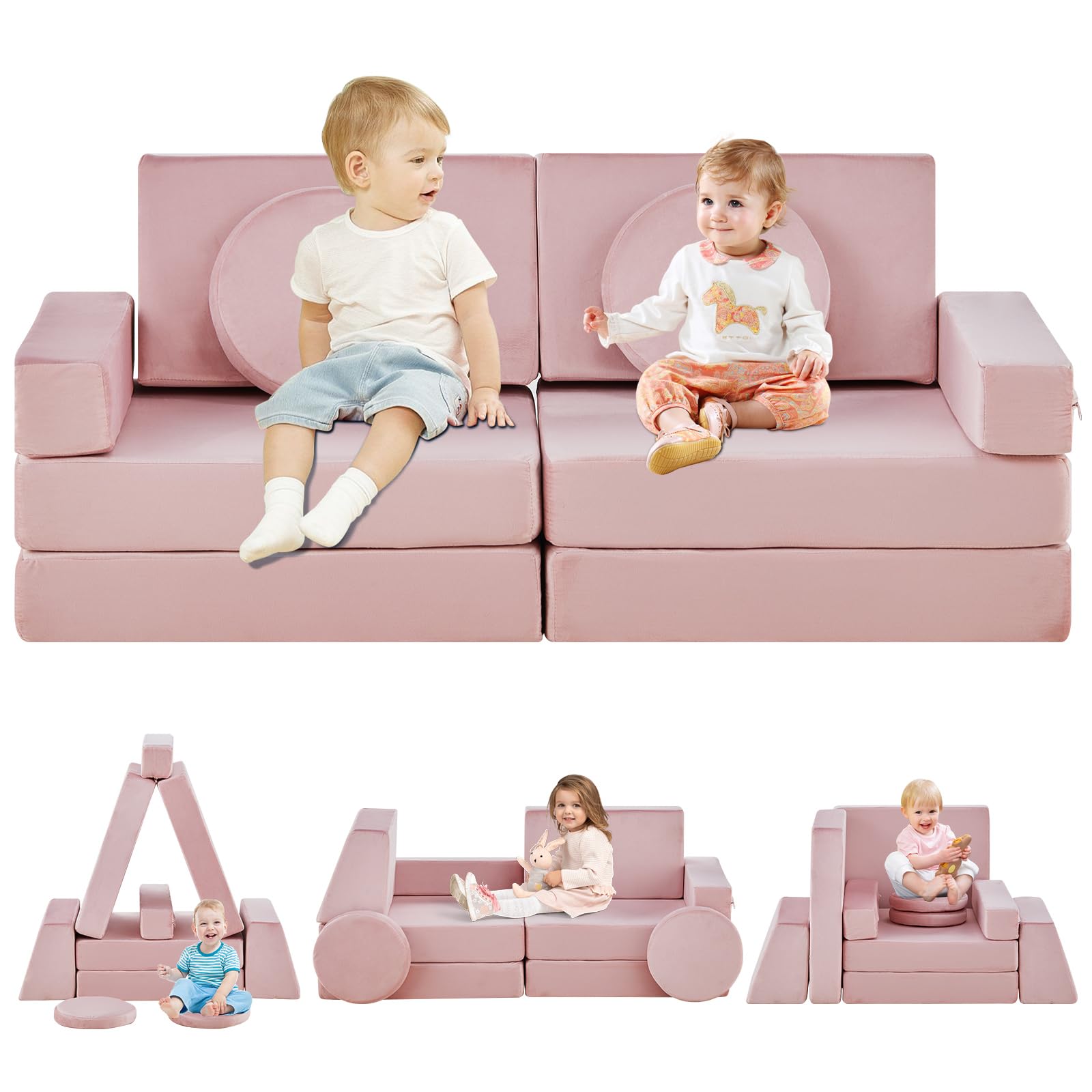 TUKAILAi 10PCS Modular Kids Play Couch, Convertible Child Sectional Sofa, Imaginative Furniture Play Set for Creative Kids, Toddler, Teen Nugget Couch for Boys and Girls(Pink)