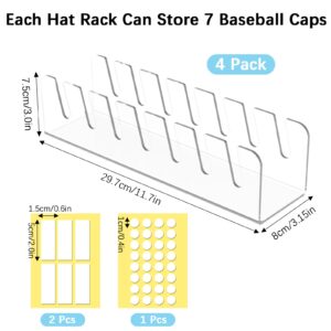 4 Pack Hat Storage Organizer for Baseball Caps - Acrylic Hat Display Rack for 28 Ball Caps, No Install Hat Stand Shelf for Trucker Hat and Golf Cap, Hat Holder for Closet, Bedroom (Clear)