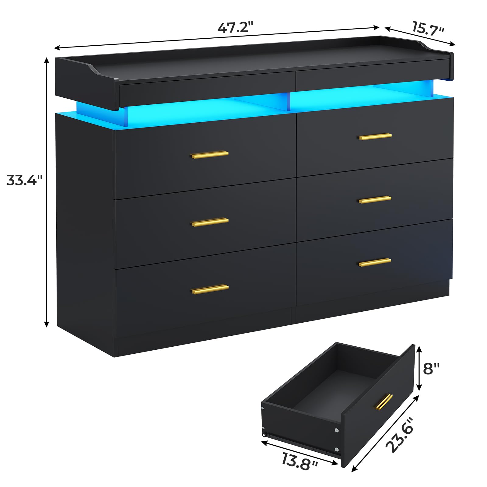 HAUOMS 6 Drawer Dresser with LED Lights,Dresser Chest of Drawers with 2 Pull-Out Tray, Modern Double Wide Drawer Dresser Organizer Cabinet for Bedroom,Living Room,Entryway,Black