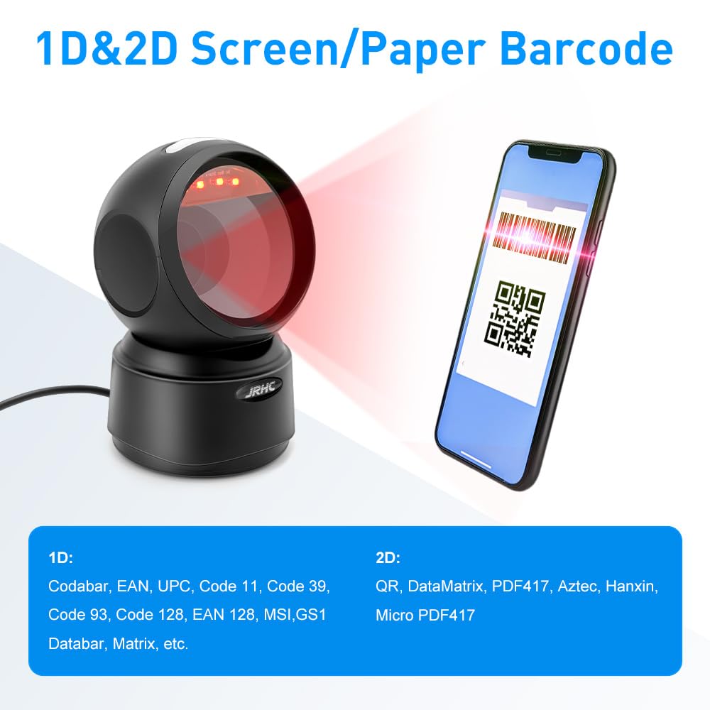 JRHC 1D 2D Desktop Barcode Scanner, Omnidirectional Automatic Sensing Platform Scanner, Hands-Free USB Wired Image Sensing QR Barcode Reader