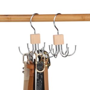 lmsawk 2 pieces belt hanger for closet, hanging holder storage hook for belt, rotatable belt rack closet accessories, for socks, belt, gloves, 6 hooks, wood color