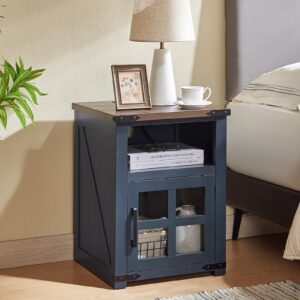 barnyatoh farmhouse nightstand with charging station, rustic end table with tempered glass barn door, wood sofa side bedside table with open storage shelf for living room, bedroom, blue