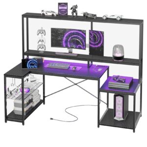 Bestier LED Gaming Desk with Hutch, 71.5 inch L Shaped Computer Desk with Power Outlets, Large Corner Desk Home Office Desk with Monitor Stand and Storage Shelf, Carbon Fiber Black