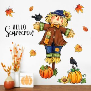 mfault fall hello scarecrow wall decals stickers, autumn pumpkin maple leaves farmhouse decorations bedroom art, thanksgiving crow sunflower seasonal home kitchen decor