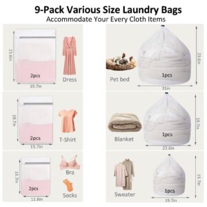 Britier 9 Pack Premium Mesh Laundry Bags - 3PCS Heavy Duty Large Drawstring Travel Laundry Bags Mesh Wash Bags; 6PCS Durable Small Zipper Lingerie Bags for Washing Delicates, Garment, Blanket, Socks.