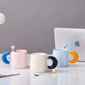 Cute Ceramic Coffee Cups with Spoon, Creative Moon Handle Ceramic Mugs, Novelty Coffee Mugs Cups for Latte Tea Milk,Office and Home,Dishwasher and Microwave Safe (Blue and Orange)