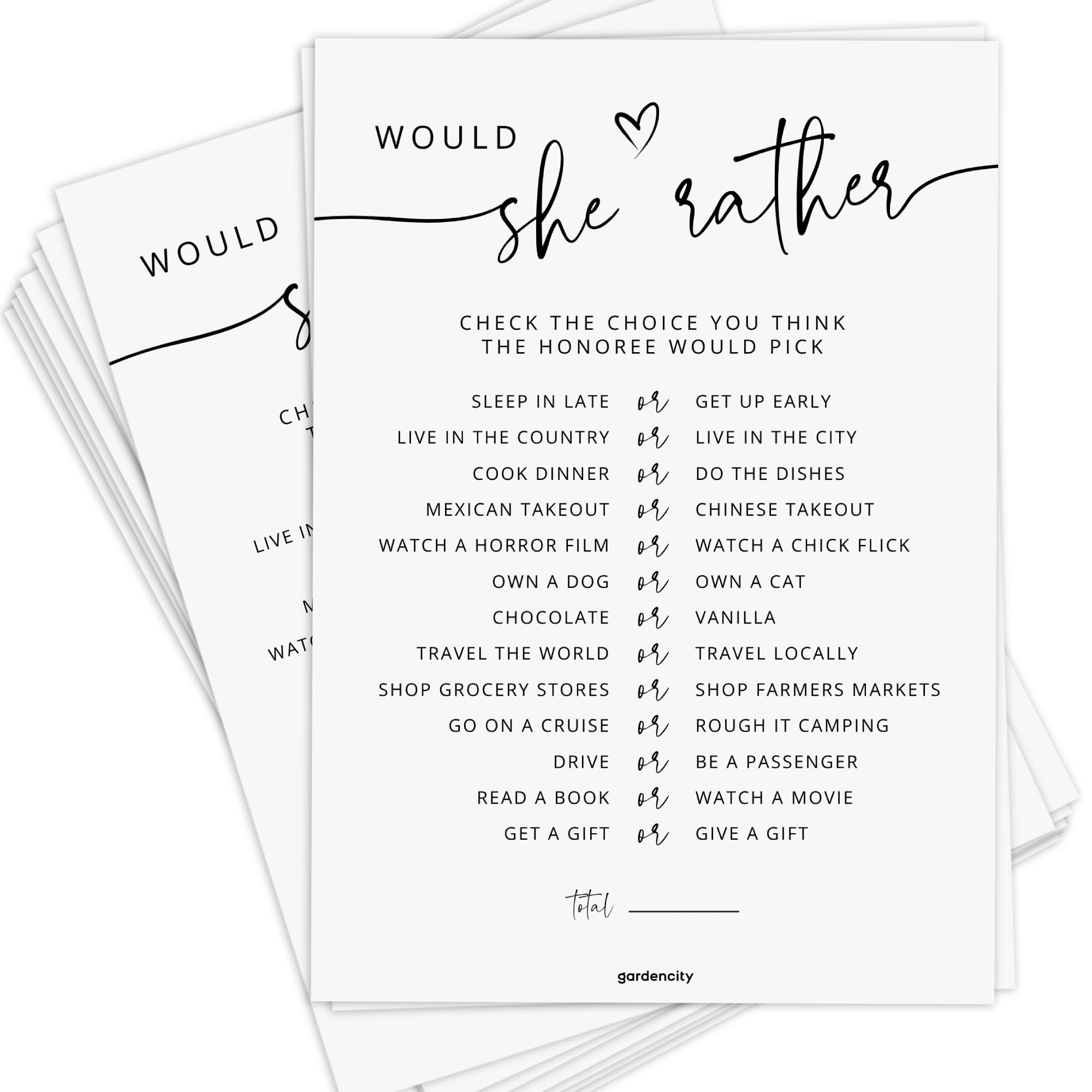 50 Would She Rather Bridal Shower Game Cards, Baby Shower Games, 50 Guests (Minimalist White)