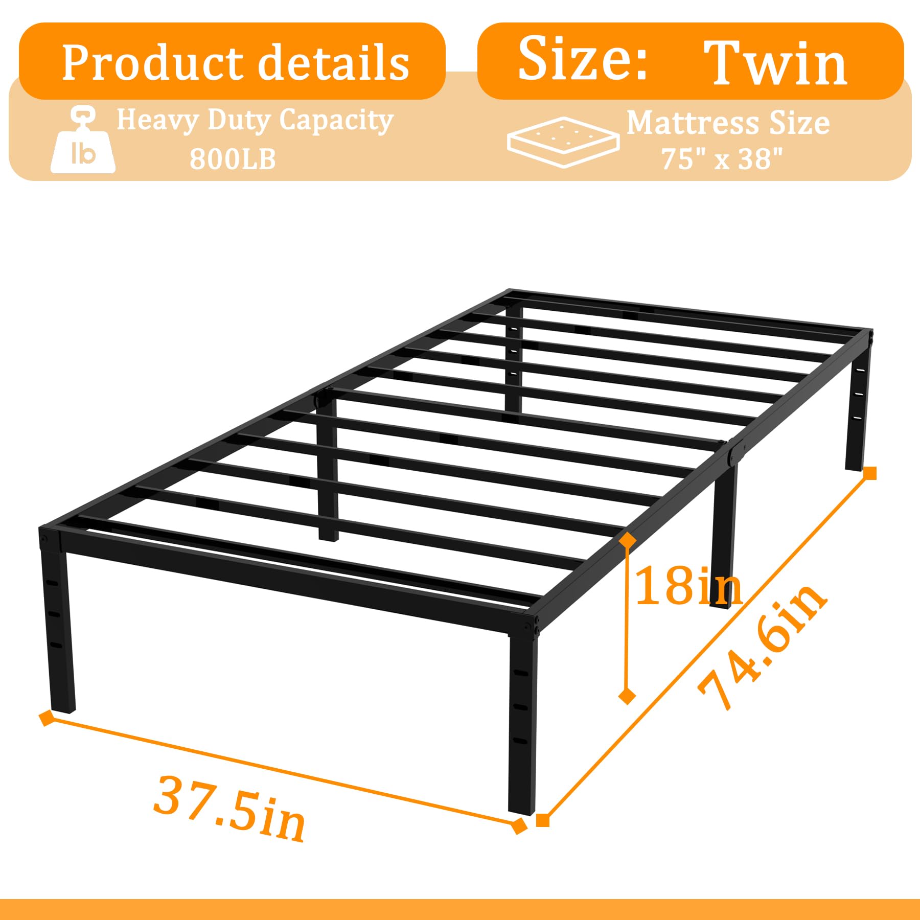 Kinshionroyal 18 Inch Twin Bed Frame Heavy Duty Metal Frames No Box Spring Needed, Metal Platform Bed Frames with Storage Space Under Frame, Easy Assembly, Noise Free, Black