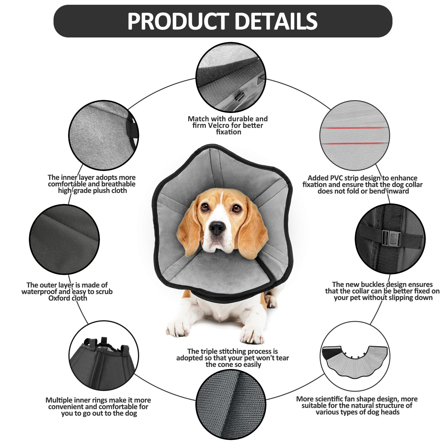 Dog Cone Collar for After Surgery, Soft Pet Recovery Collar for Dogs, Comfort Cone Protective Collar for Large Medium Dogs, with Interior Made of Comfortable Plush Material&PVC Fixing Strip-M1