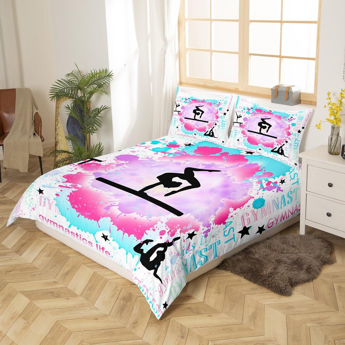 Gymnastics Bedding Set Gymnastics Lovers Girls Bedding Duvet Cover Set Gymnast Silhouettes Comforter Cover Set Pink Blue Tie Dye Bedspread Cover Bedroom Quilt Cover 2Pcs Twin