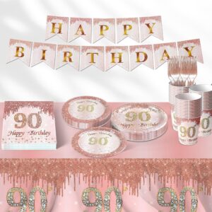 visgo 90th birthday party supplies for women - 122 pcs 90th birthday decorations for women, serve 24 with safe & durable 90th birthday plates and napkins -complete 90th birthday party decorations set!