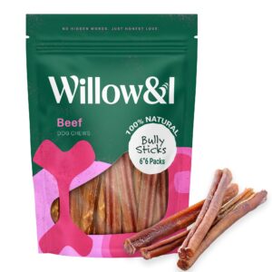 willow&i bully sticks for small dogs & medium - 6 inch bully sticks for dogs (6 pack), premium 100% grass fed beef pizzle sticks for dogs, healthy long lasting dog chew sticks all natural dog treats