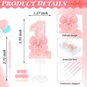 MTLEE Number Birthday Candle Girls Pink Bow Glitter Happy Birthday Number Candle with 10 Long Thin Cupcake Candle Bowknot Cake Topper Decorations for Wedding Anniversary Princess Theme Party(1st)