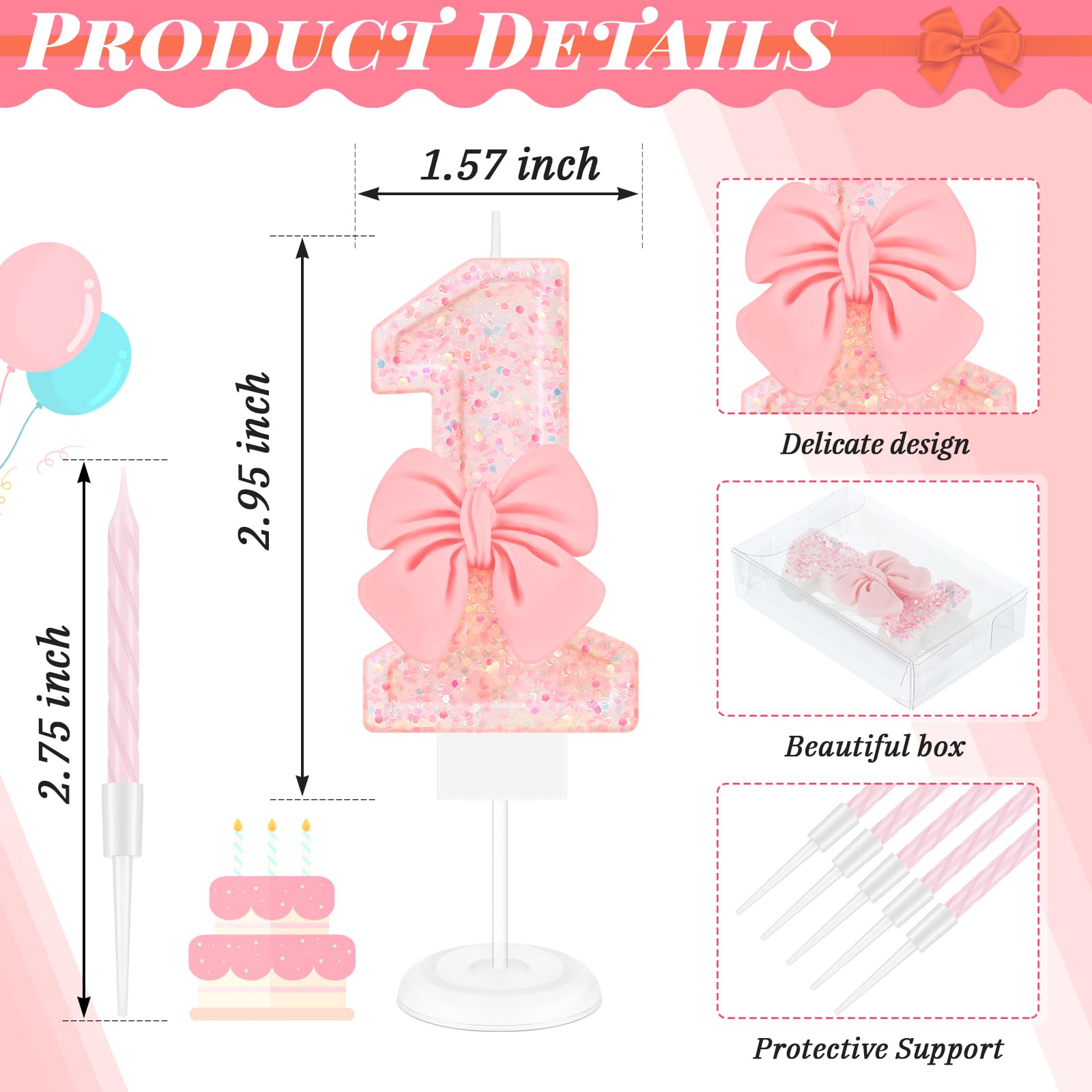 MTLEE Number Birthday Candle Girls Pink Bow Glitter Happy Birthday Number Candle with 10 Long Thin Cupcake Candle Bowknot Cake Topper Decorations for Wedding Anniversary Princess Theme Party(1st)