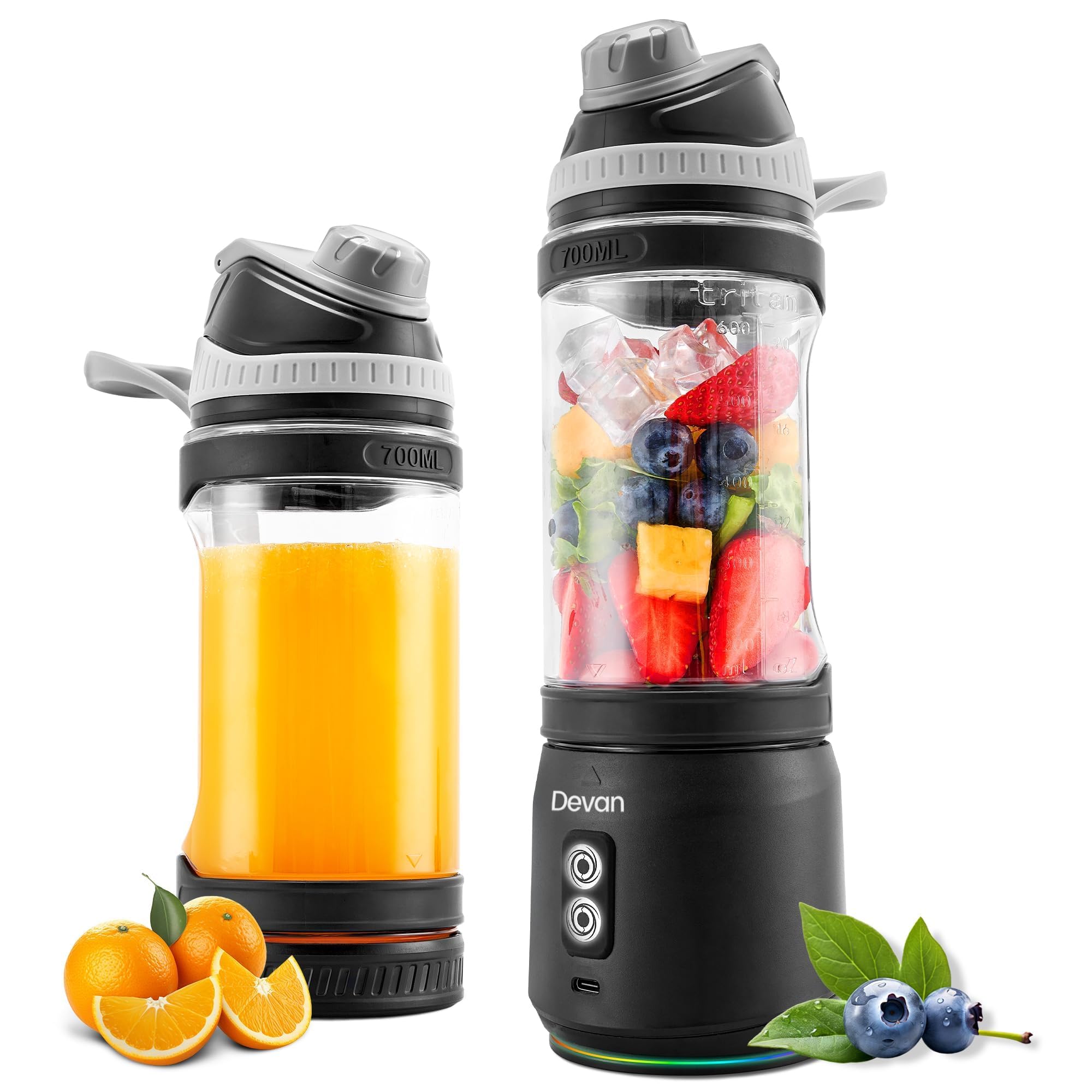 Portable Blender, Anti-Jamming 300 Watt for Shakes and Smoothies, 24oz Travel Blender USB Rechargeable, BPA Free Sporty bottle with a Travel Lid. (Black Base Grey Lid)