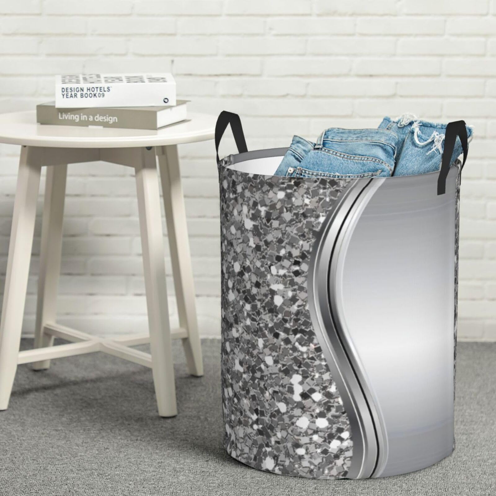 WFTTFOU Laundry Basket Silver Faux Glitter Glam Bling Collapsible Laundry Hamper With Handle Foldable Lightweight Clothes Storage Basket For Bathroom Bedroom College Dorms Medium, Black