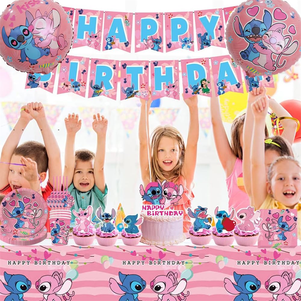 Pink lilo Birthday Party Supplies, Birthday Decorations Set Include Banner, Balloons, Cake Cupcake Toppers,Spiral Lifters,Plates,Napkins, Tablecloth for Girls and Boys Pink lilo Theme Party