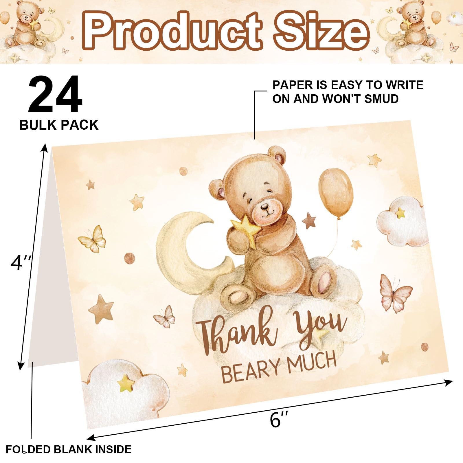 Whaline 24 Packs Bear Thank You Cards Brown Cute Bear Greeting Cards Thank You Beary Much Blank Note Cards with Envelopes and Stickers for Wedding Baby Shower Birthday Party Supplies, 4 x 6 Inch