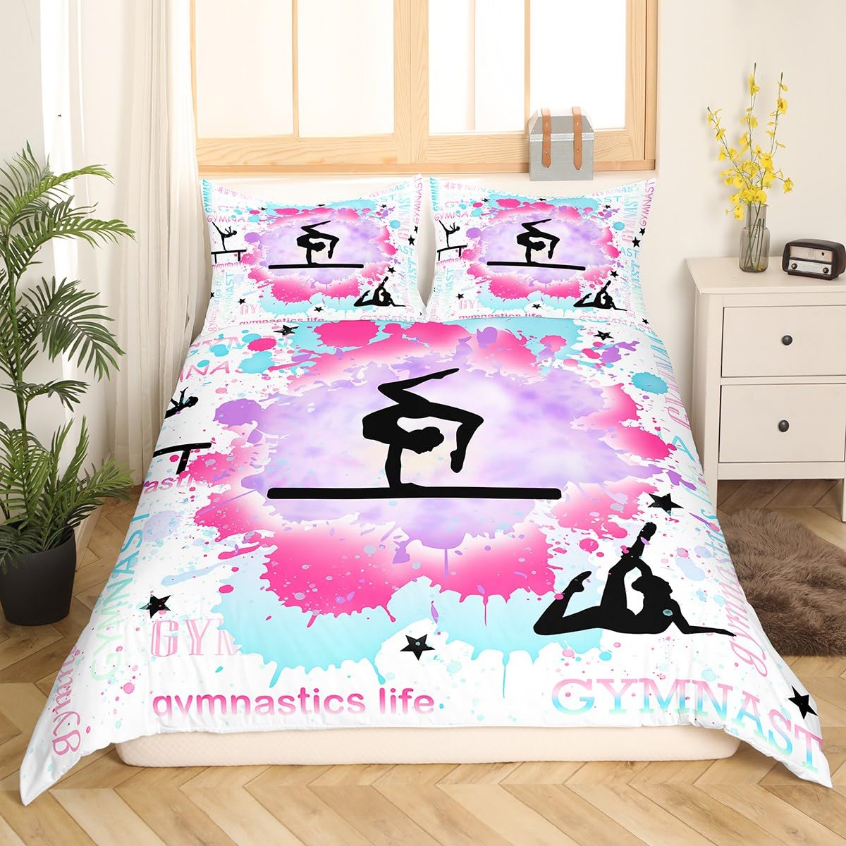 Gymnastics Bedding Set Gymnastics Lovers Girls Bedding Duvet Cover Set Gymnast Silhouettes Comforter Cover Set Pink Blue Tie Dye Bedspread Cover Bedroom Quilt Cover 2Pcs Twin