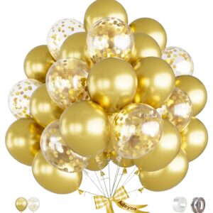 Adeyoo Metallic Gold Party Balloons,60pcs Gold Confetti Balloons Set,12 Inch Natural Latex Balloons Sparkle Balloons Metallic Balloons with Ribbon for Birthday Graduation Anniversary Party Decorations