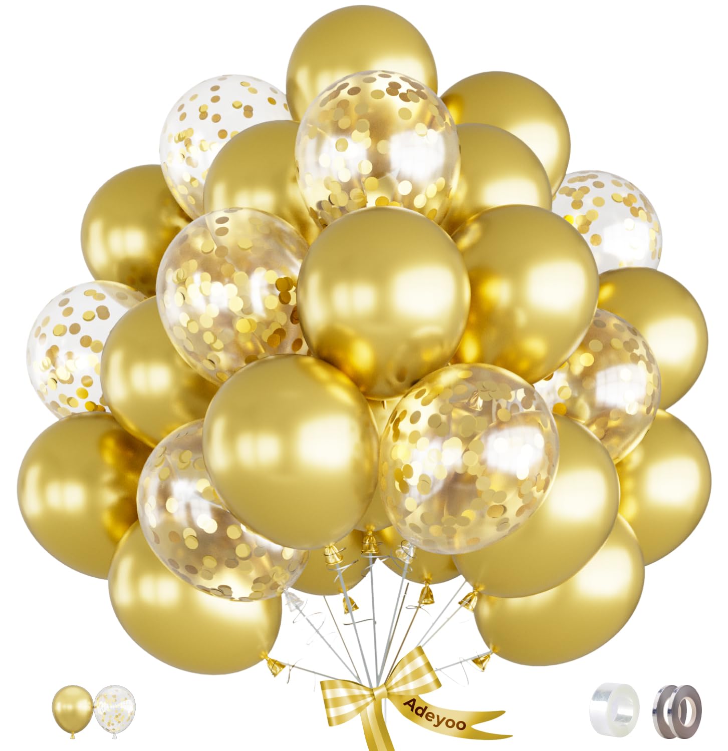 Adeyoo Metallic Gold Party Balloons,60pcs Gold Confetti Balloons Set,12 Inch Natural Latex Balloons Sparkle Balloons Metallic Balloons with Ribbon for Birthday Graduation Anniversary Party Decorations