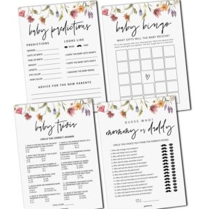 gardencity baby shower games set for 25 guests - 4 fun activities, baby in bloom/floral theme, 50 double-sided cards (wildflower)