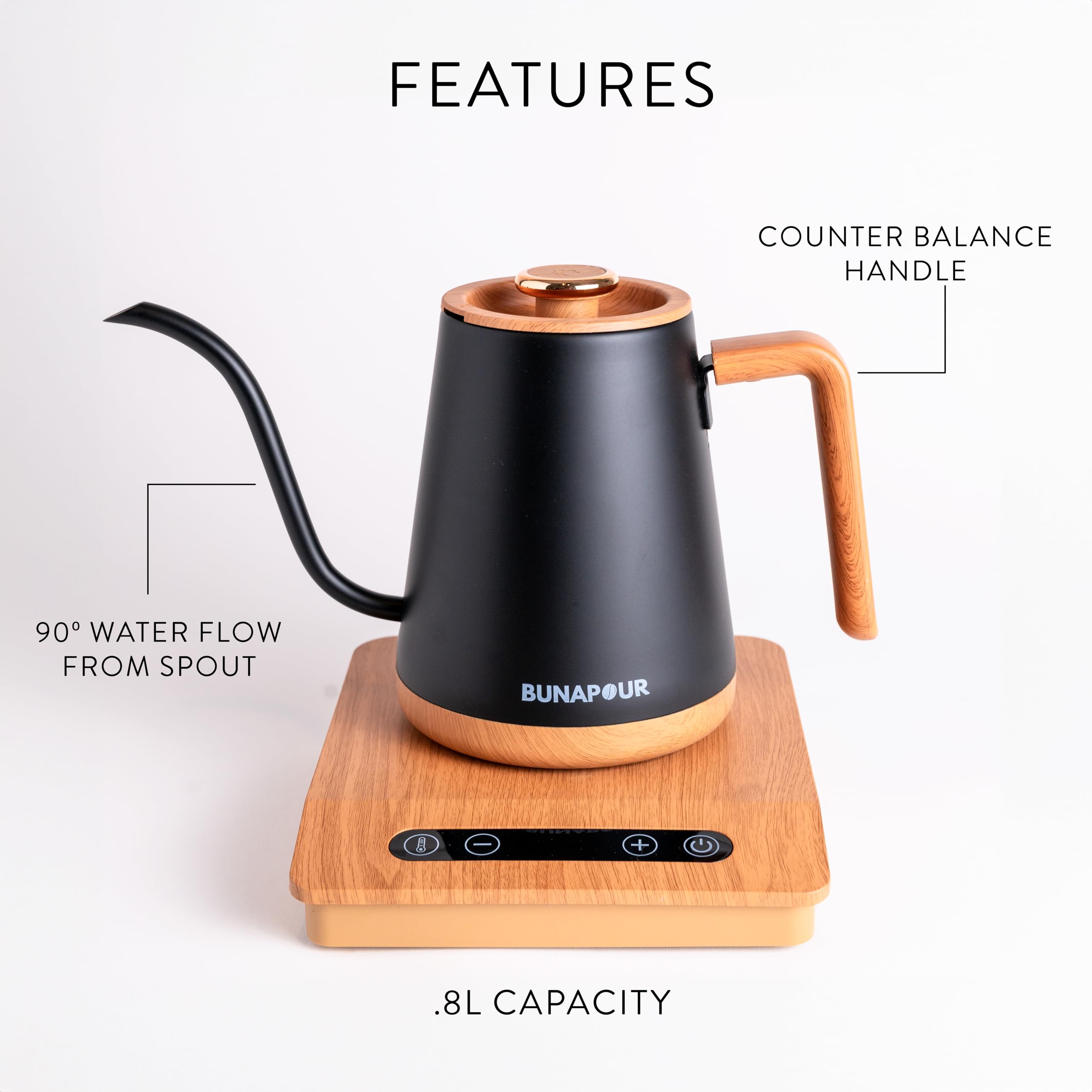 ±1℉ Accuracy Electric Gooseneck Kettle, 1200W Coffee Kettle, 0.8L Kettle, Rapid Heating, Matte Black with Wood Handle, Strix Controller