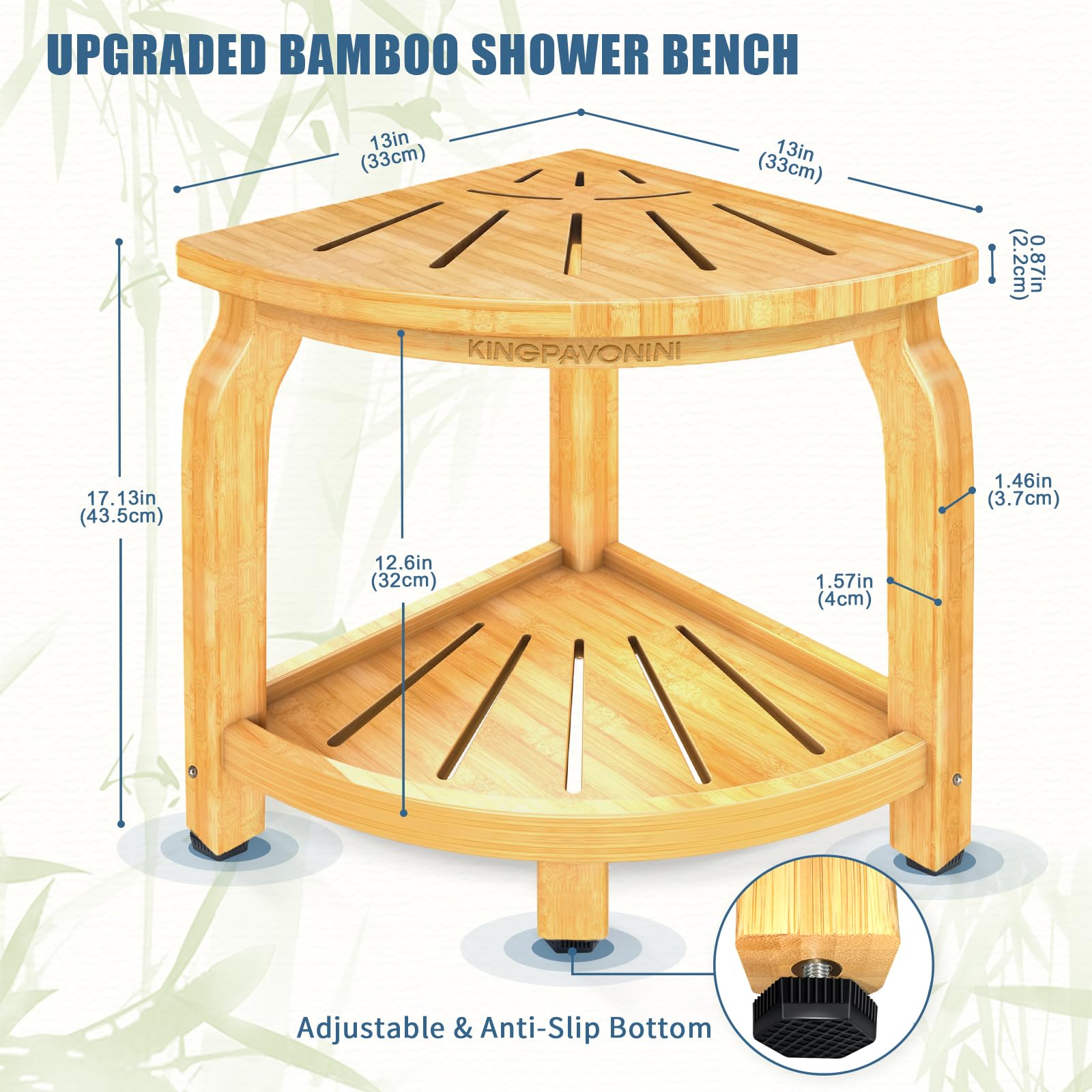 KingPavonini Bamboo Corner Shower Stool for Shaving Legs Foot Rest, Waterproof Bath Bench Seat with Storage Shelf for Bathroom Inside Shower, Hold Up to 450Lbs